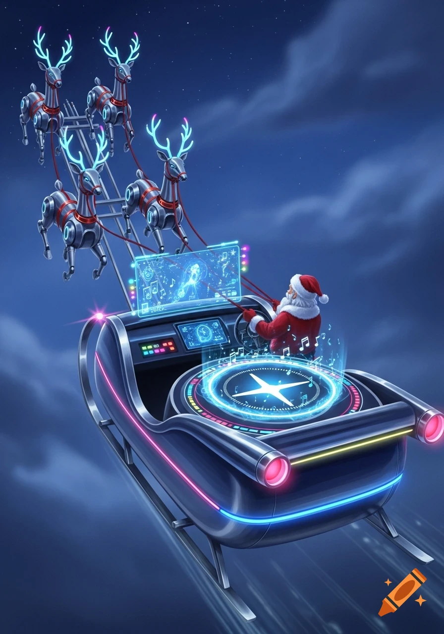 Santa Claus pilots a sleek, futuristic sleigh pulled by glowing robotic ...