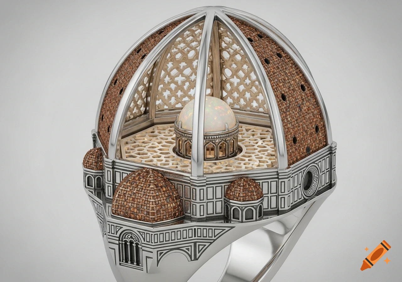Detailed white gold ring shaped like a Renaissance dome with textured ...