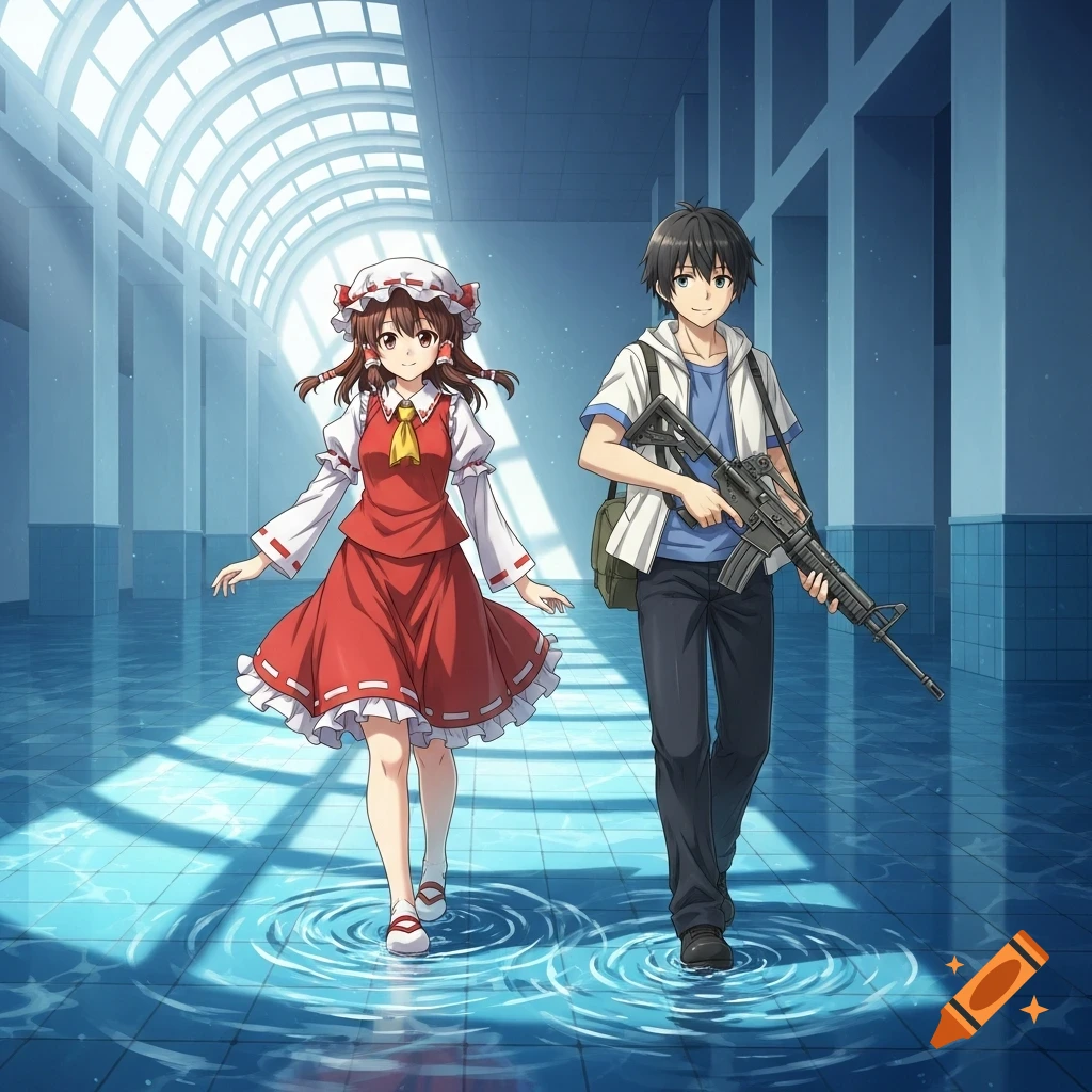 Anime illustration of a girl in a red dress and a boy with an assault ...