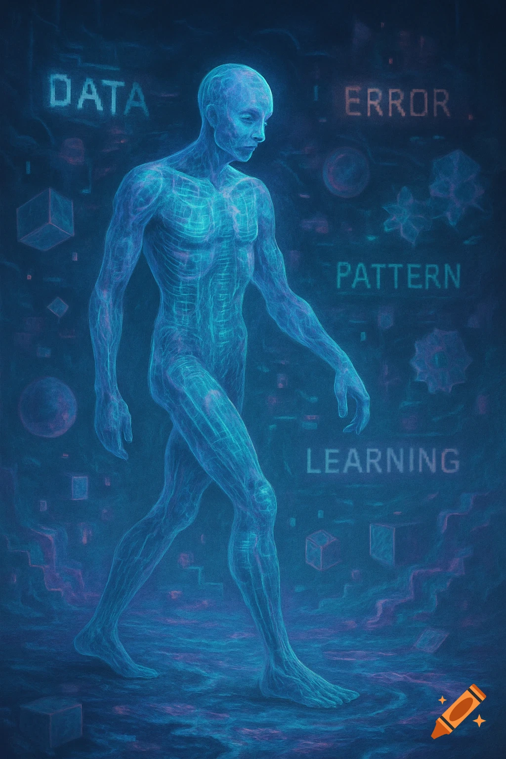 A translucent humanoid AI figure made of glowing data streams walks ...