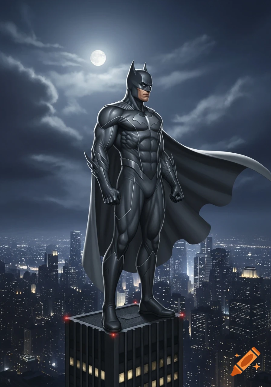 Batman in a grey suit and cape stands on a skyscraper overlooking a ...