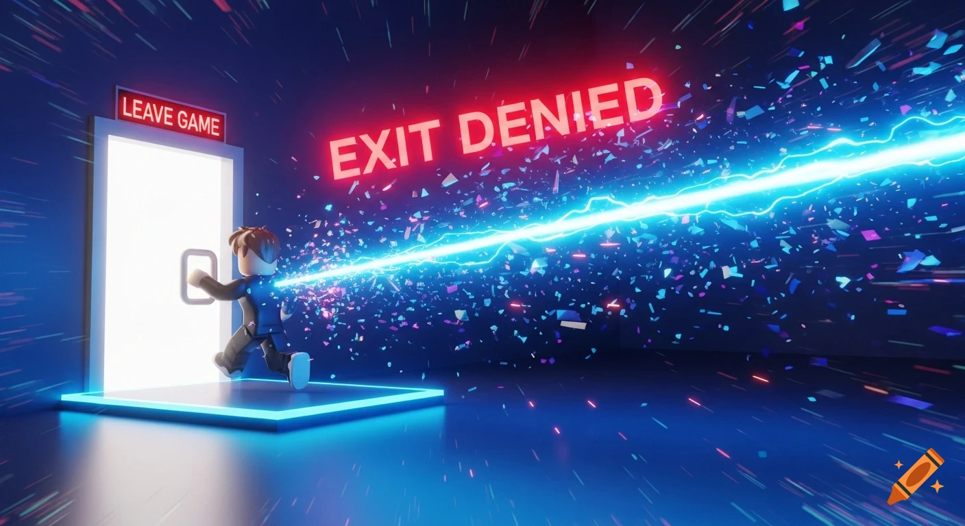 Roblox character pulled back by a blue beam as 'EXIT DENIED' flashes ...