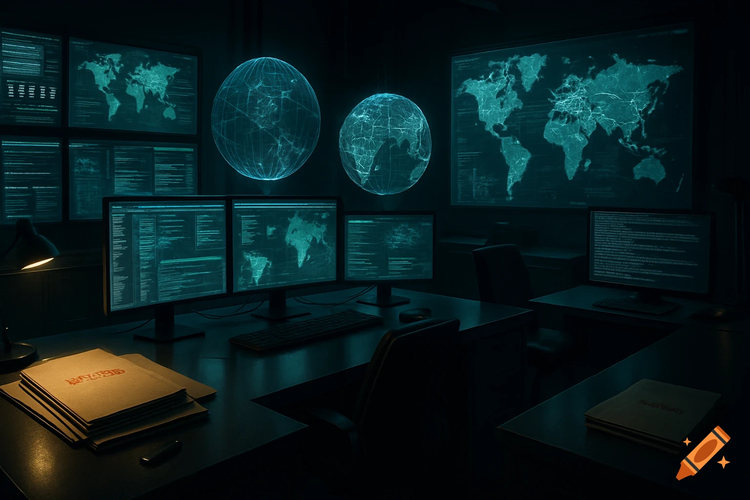 A high-tech spy agency command room with multiple monitors displaying ...
