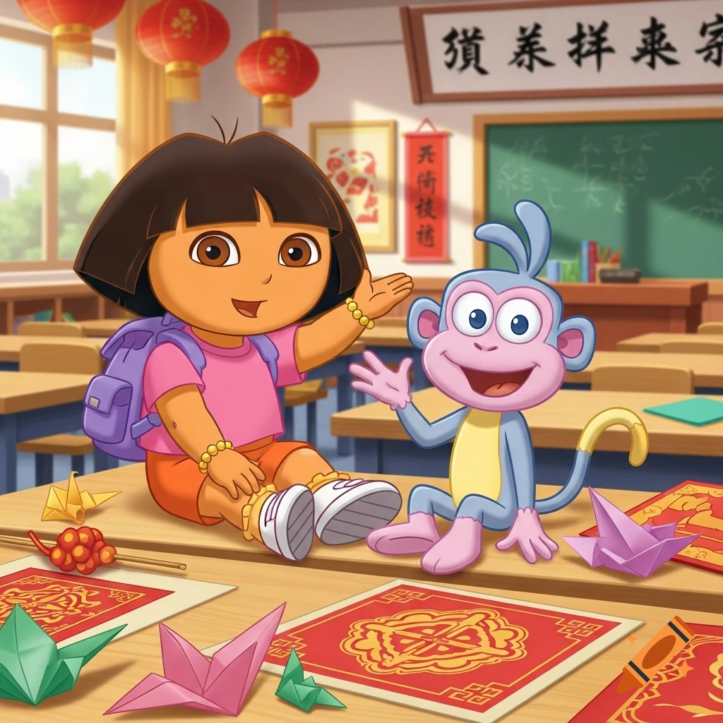 Dora the Explorer and Boots the monkey sit on a classroom desk ...