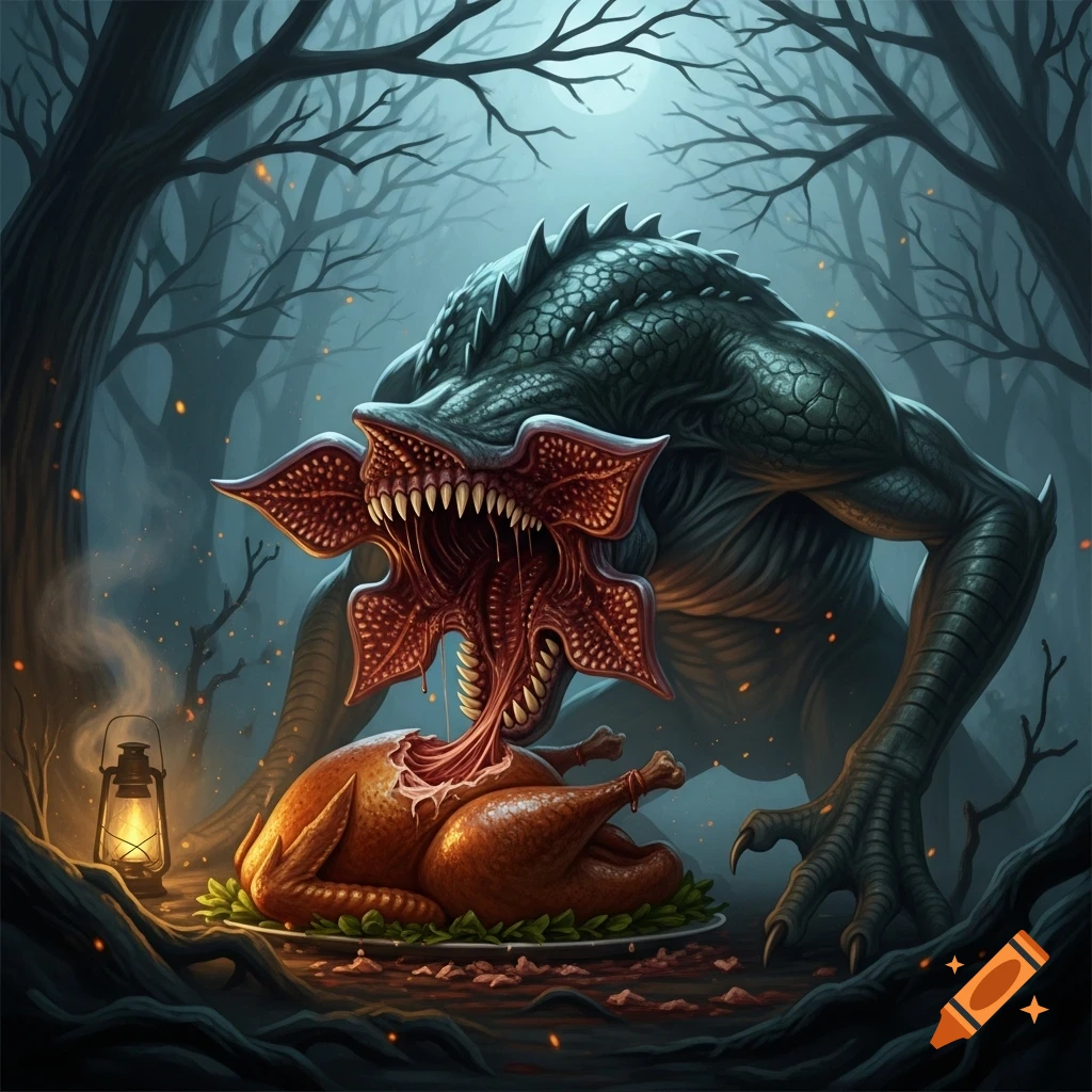 A Demogorgon creature with a gaping maw eats a roasted turkey in a dark ...