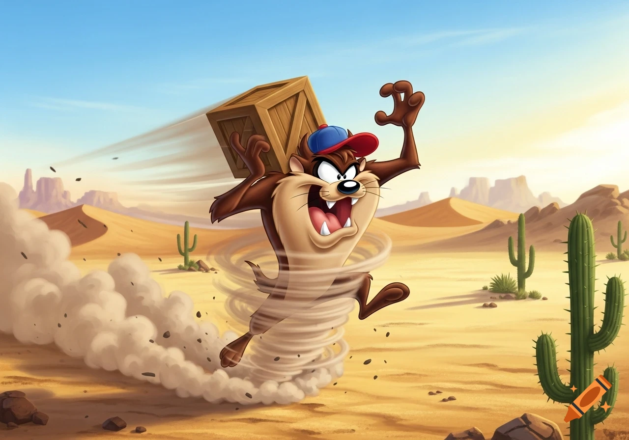 Taz the Tasmanian Devil spins in a dust whirlwind in a desert, carrying ...
