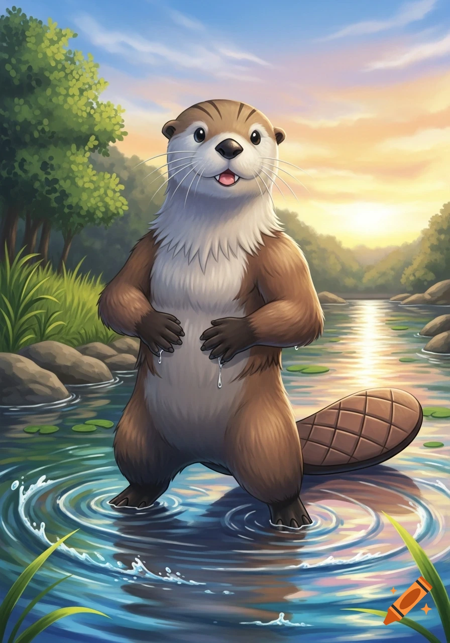 A cute, cartoon-style otter-beaver hybrid stands in a river at sunset ...