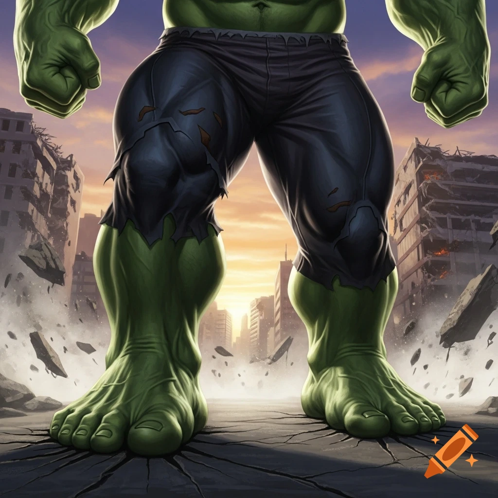 The Hulk's muscular green legs and feet stand on cracked ground in a ...