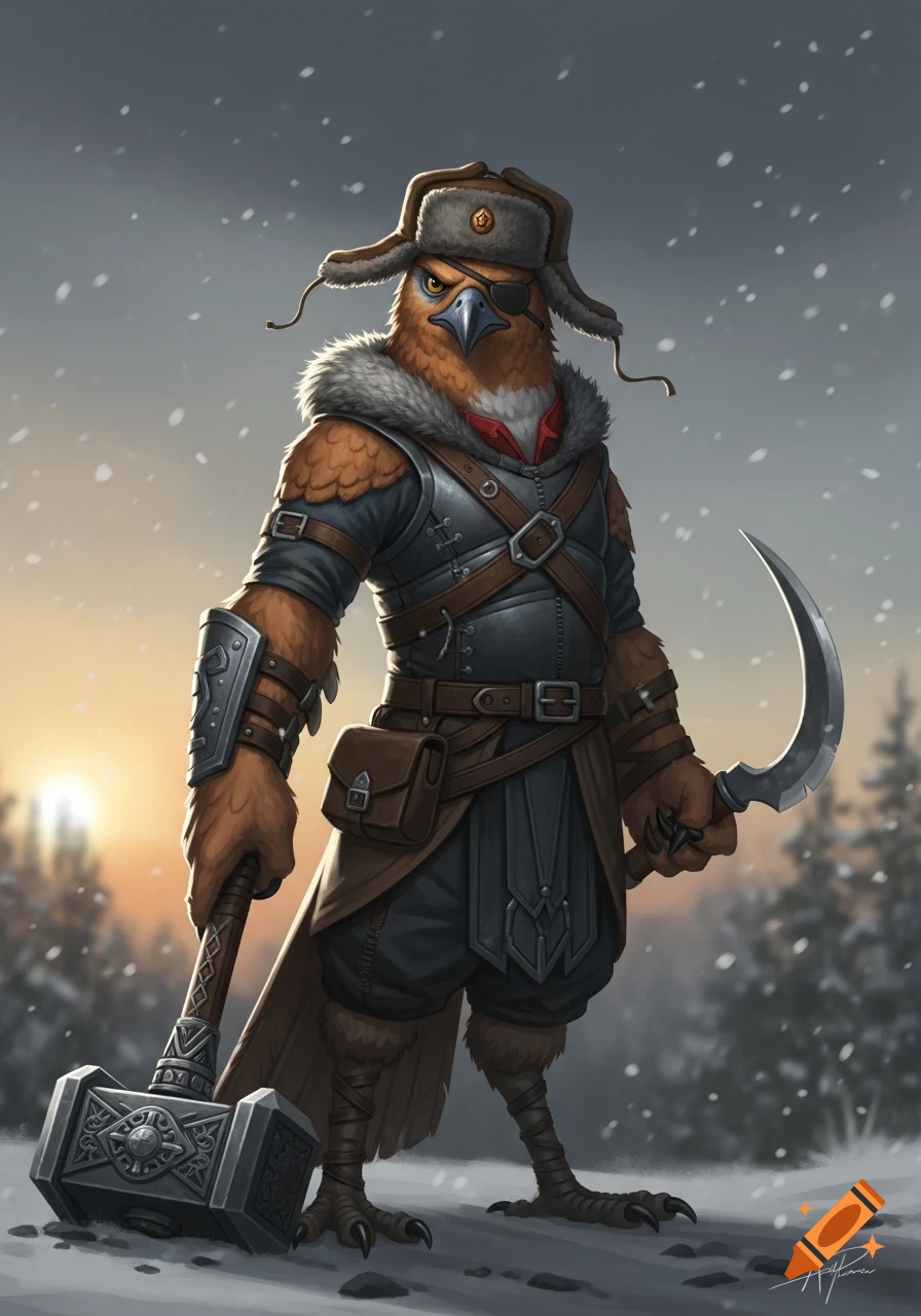 A fierce anthropomorphic hawk warrior in a fur hat, eyepatch, and armor ...