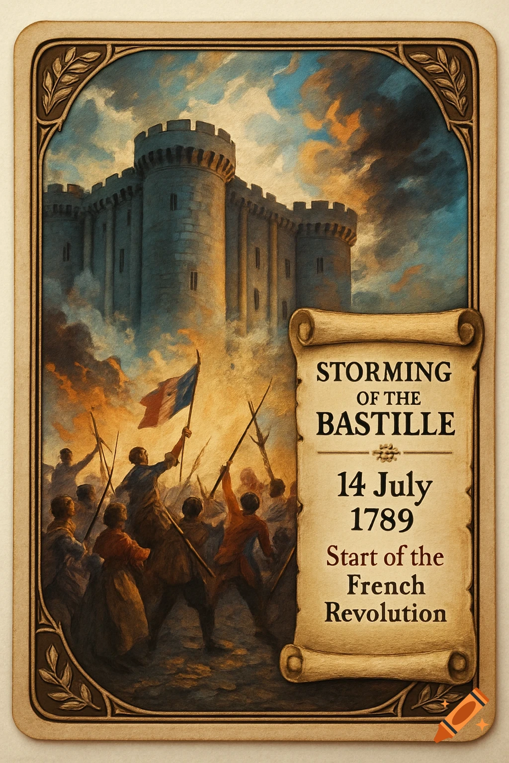 A stylized painting depicting the Storming of the Bastille, with a ...