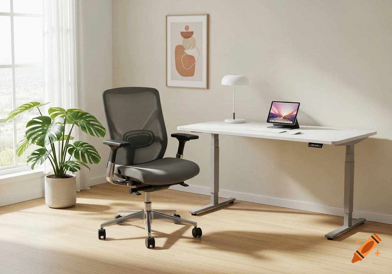 A modern Scandinavian home office with a gray ergonomic chair, a white ...