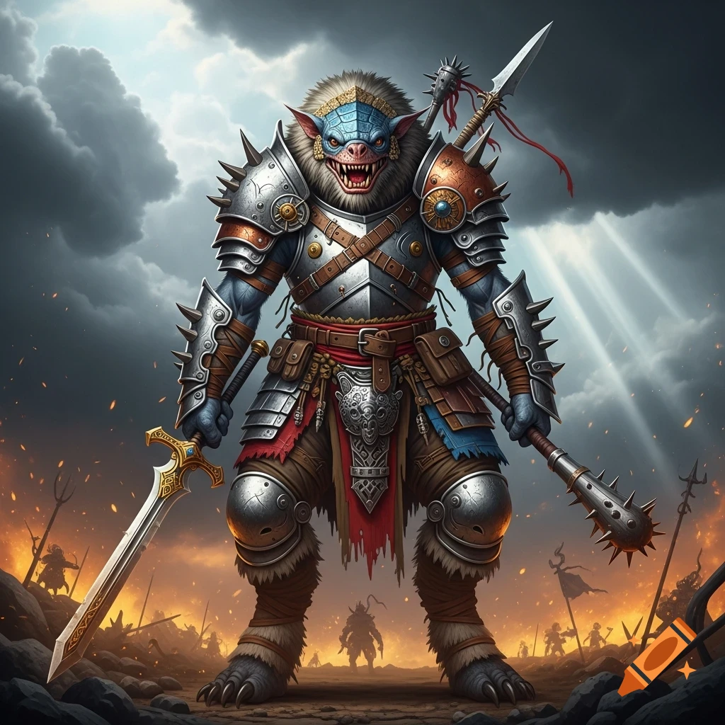 A blue-skinned, fanged fantasy creature in mismatched battle armor ...
