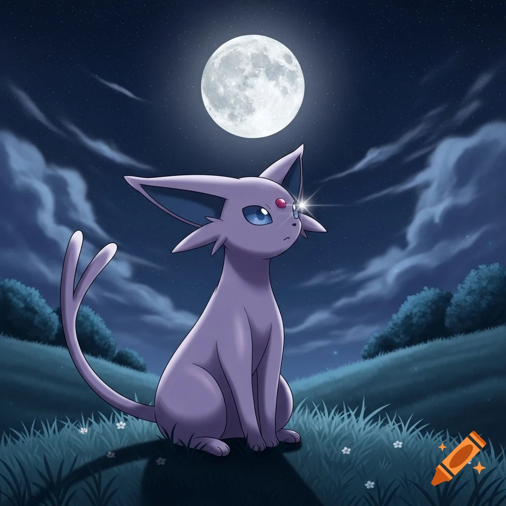 A purple Espeon sits in a grassy field, looking up at a bright full ...