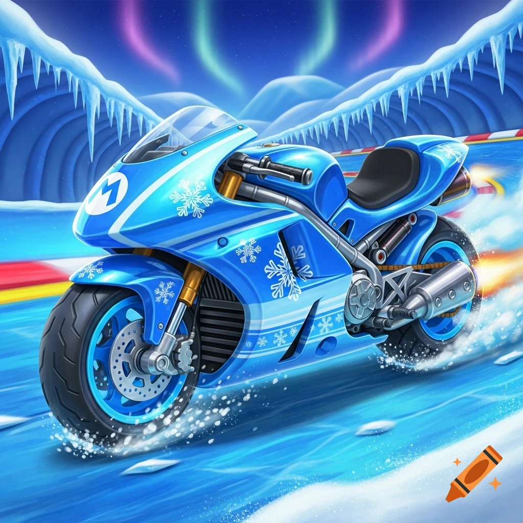 A stylized blue motorcycle with snowflake decals races across an icy ...