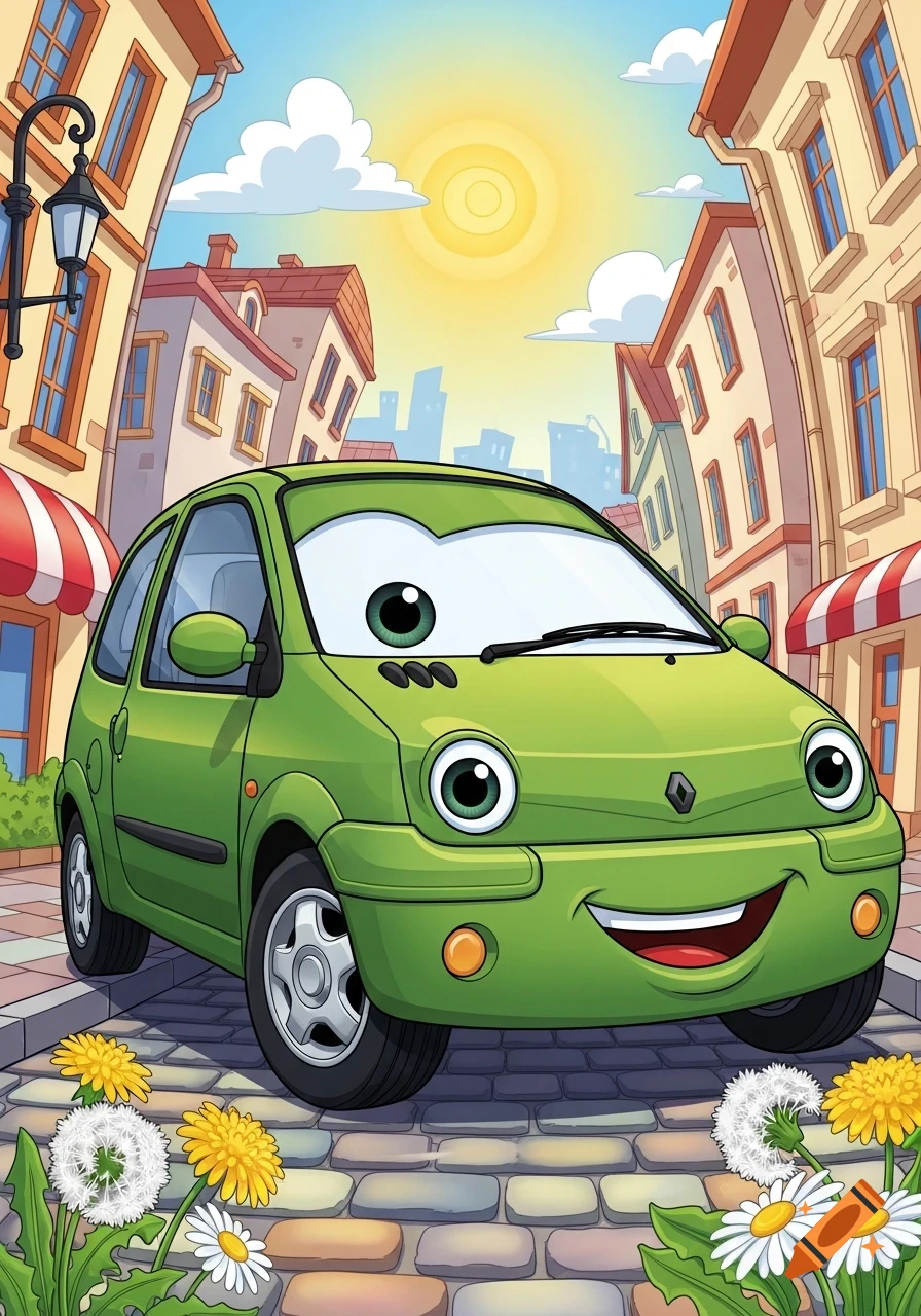 A happy green cartoon Renault Twingo car with large eyes and a smile on ...