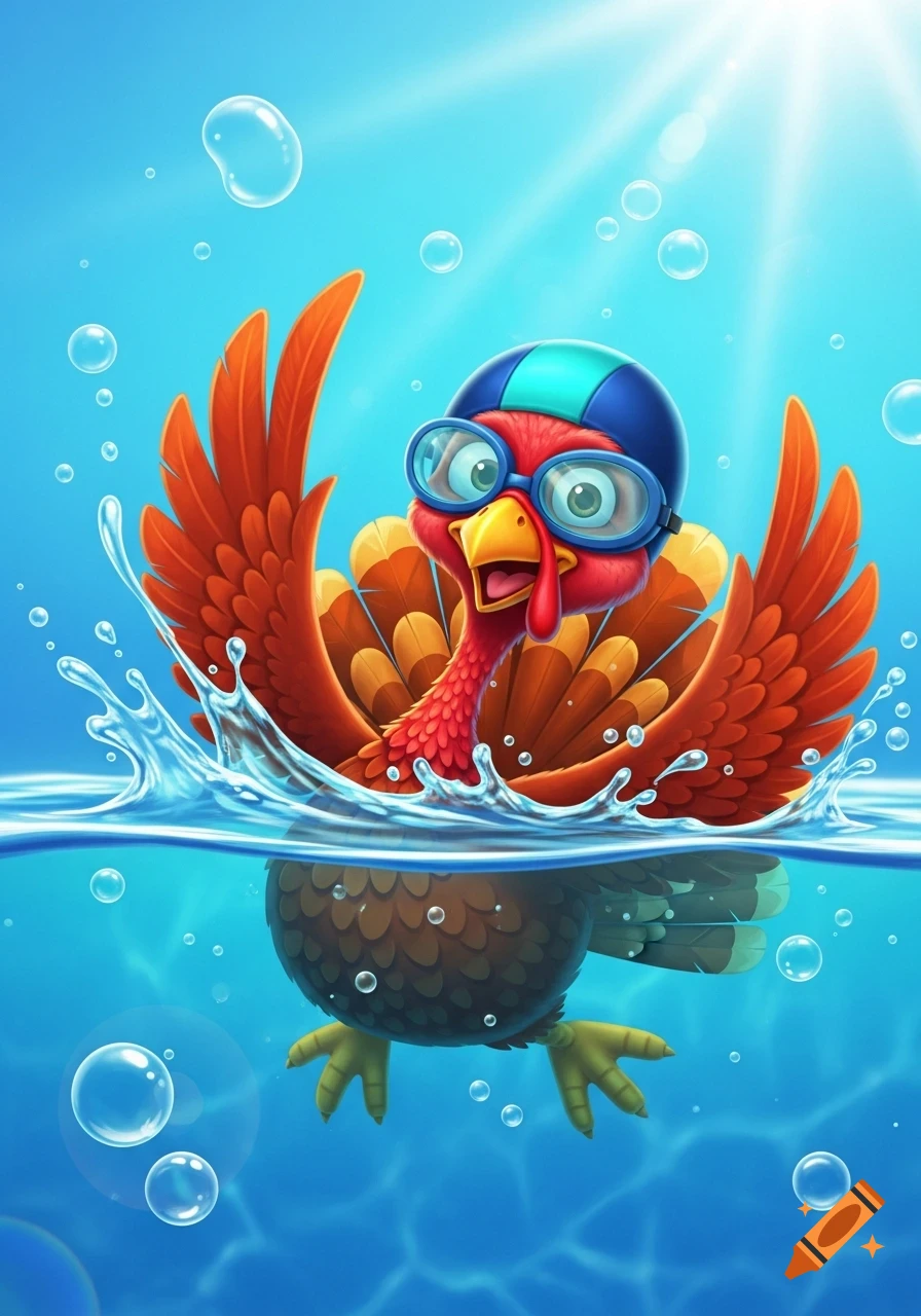 A vibrant cartoon turkey with a blue swim cap and goggles splashes in ...