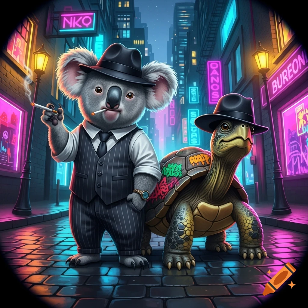 A koala in a pinstripe suit and fedora smoking a cigarette, next to a ...