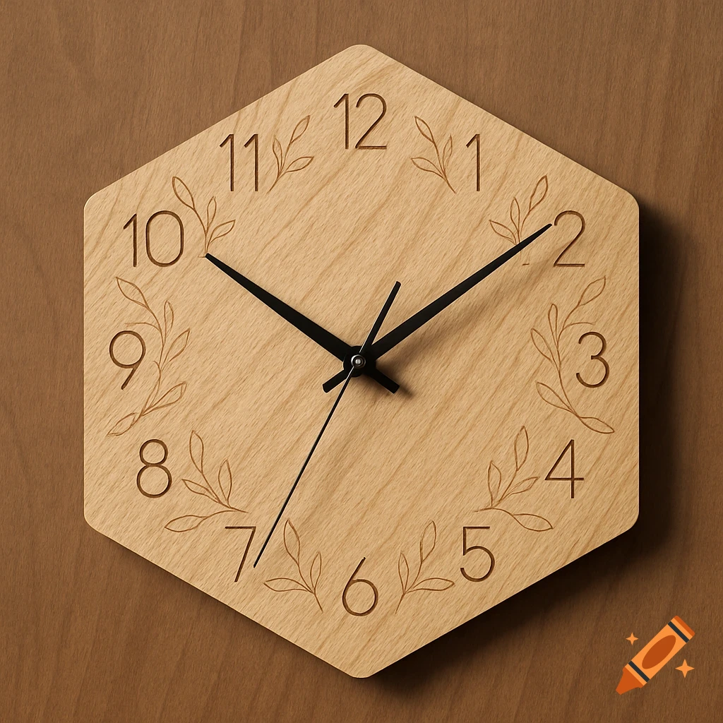 Modern hexagonal light plywood wall clock with laser-engraved numbers, subtle leaf patterns, and ...
