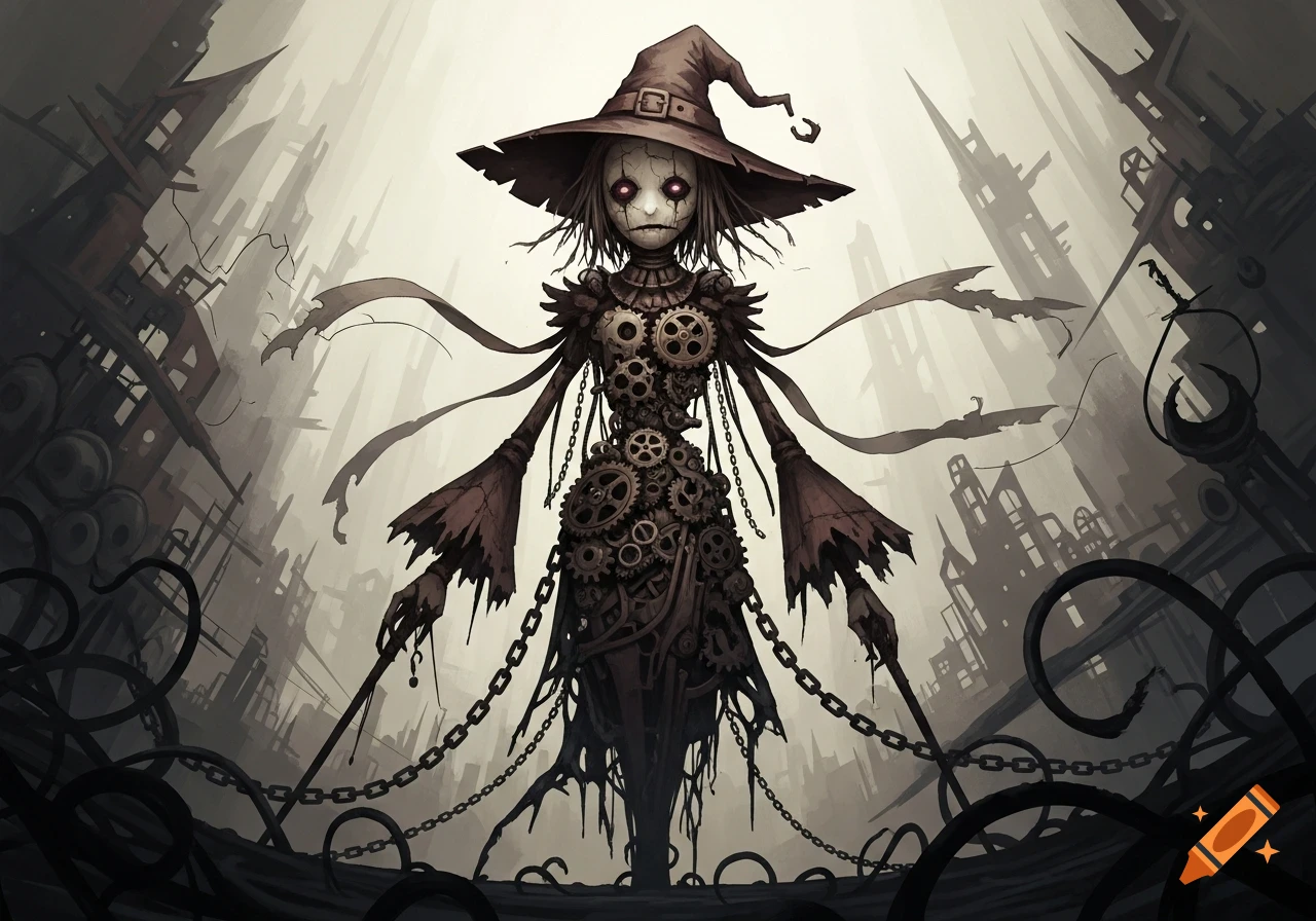 A grotesque, gear-and-chain witch creature with red glowing eyes and a ...