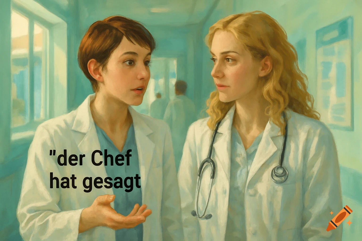 Two young female doctors in white coats talk in a hospital hallway ...