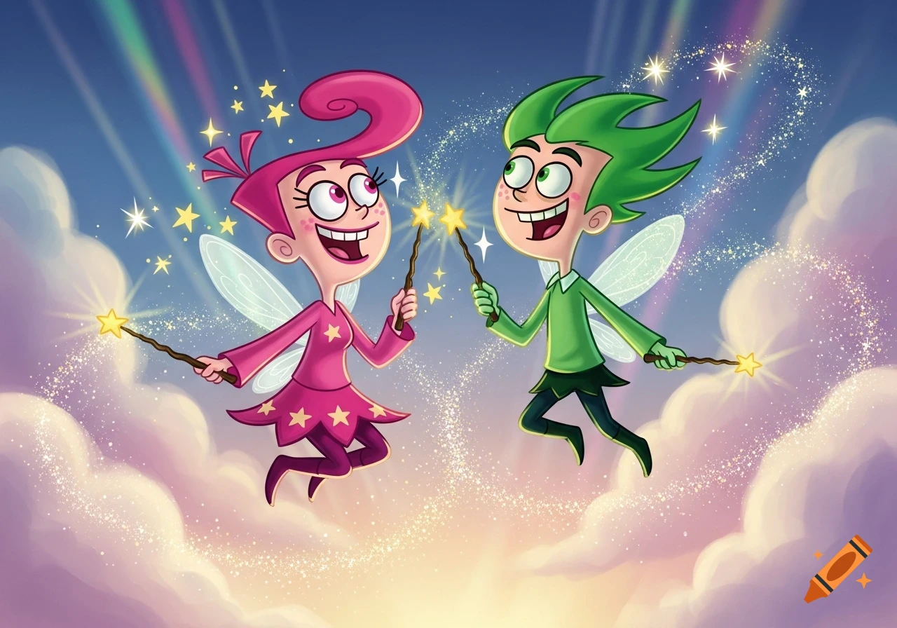 Cartoon fairies Wanda (pink) and Cosmo (green) flying in a magical sky ...