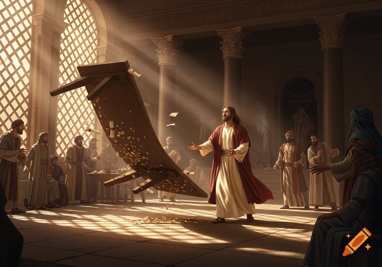 Jesus overturning a table in a grand temple, scattering coins and ...
