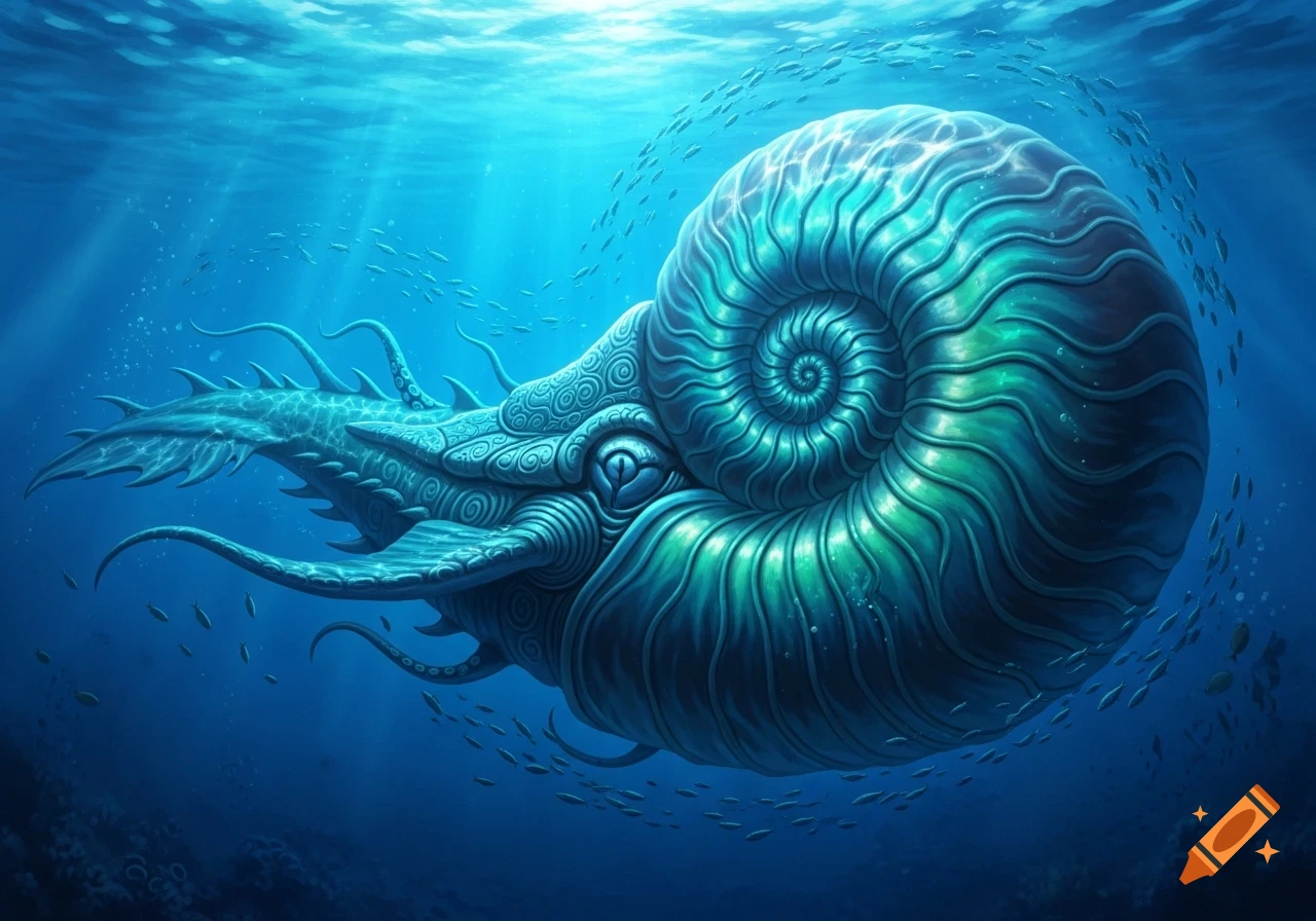 A vibrant blue-green leviathan creature with a nautilus-shaped shell ...