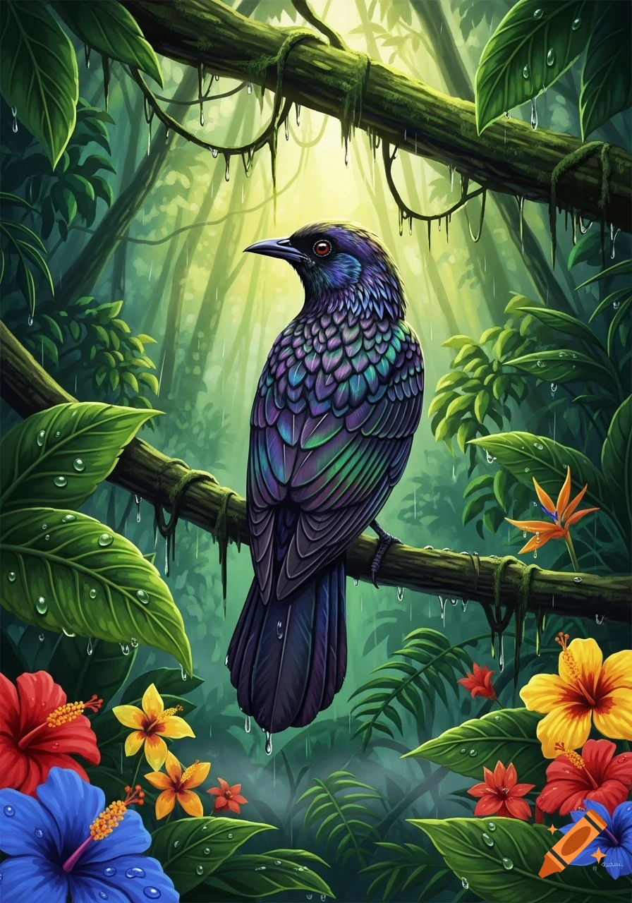 A vibrant iridescent bird perches on a wet branch in a lush tropical ...