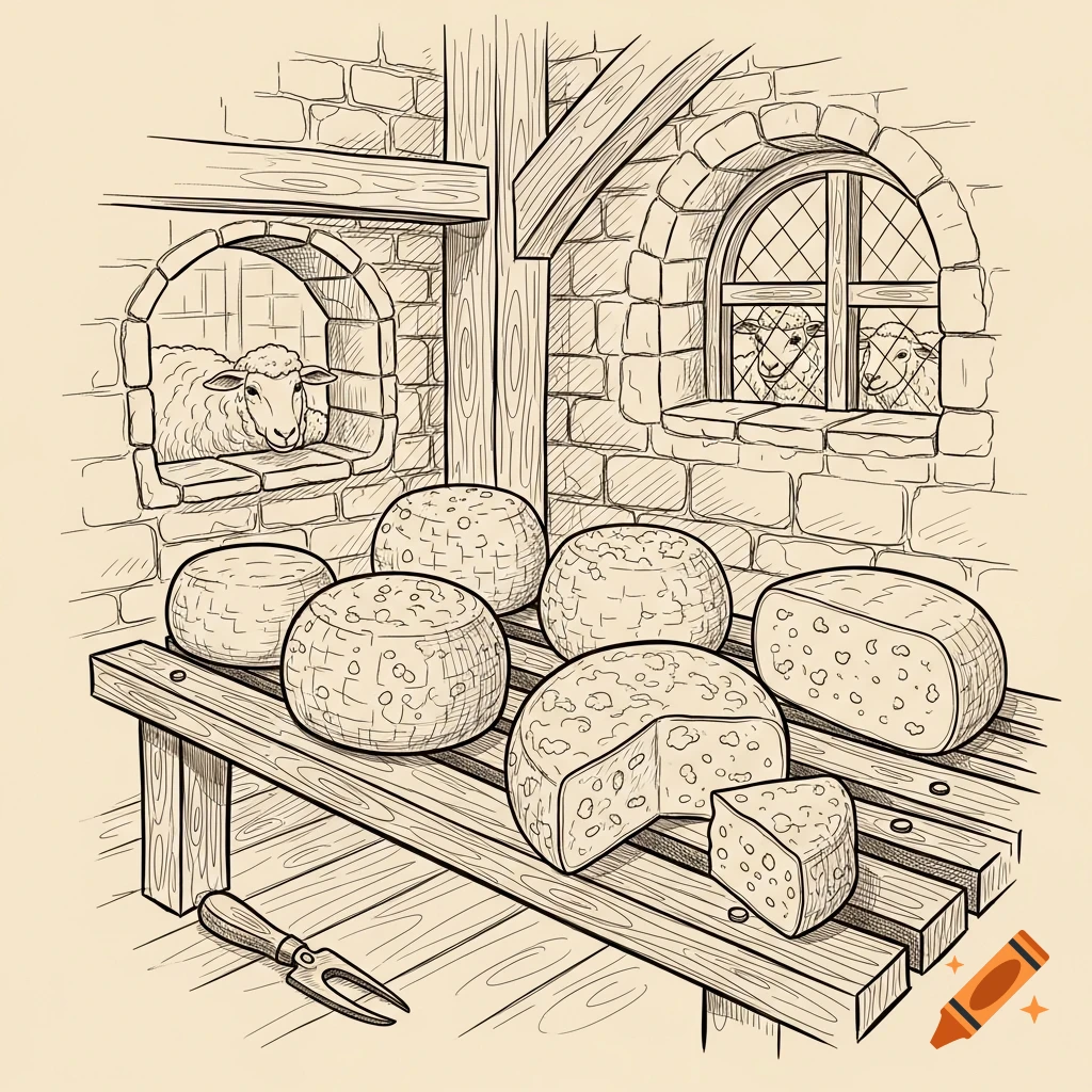 A line art sketch of a medieval cheese cellar with sheep looking ...