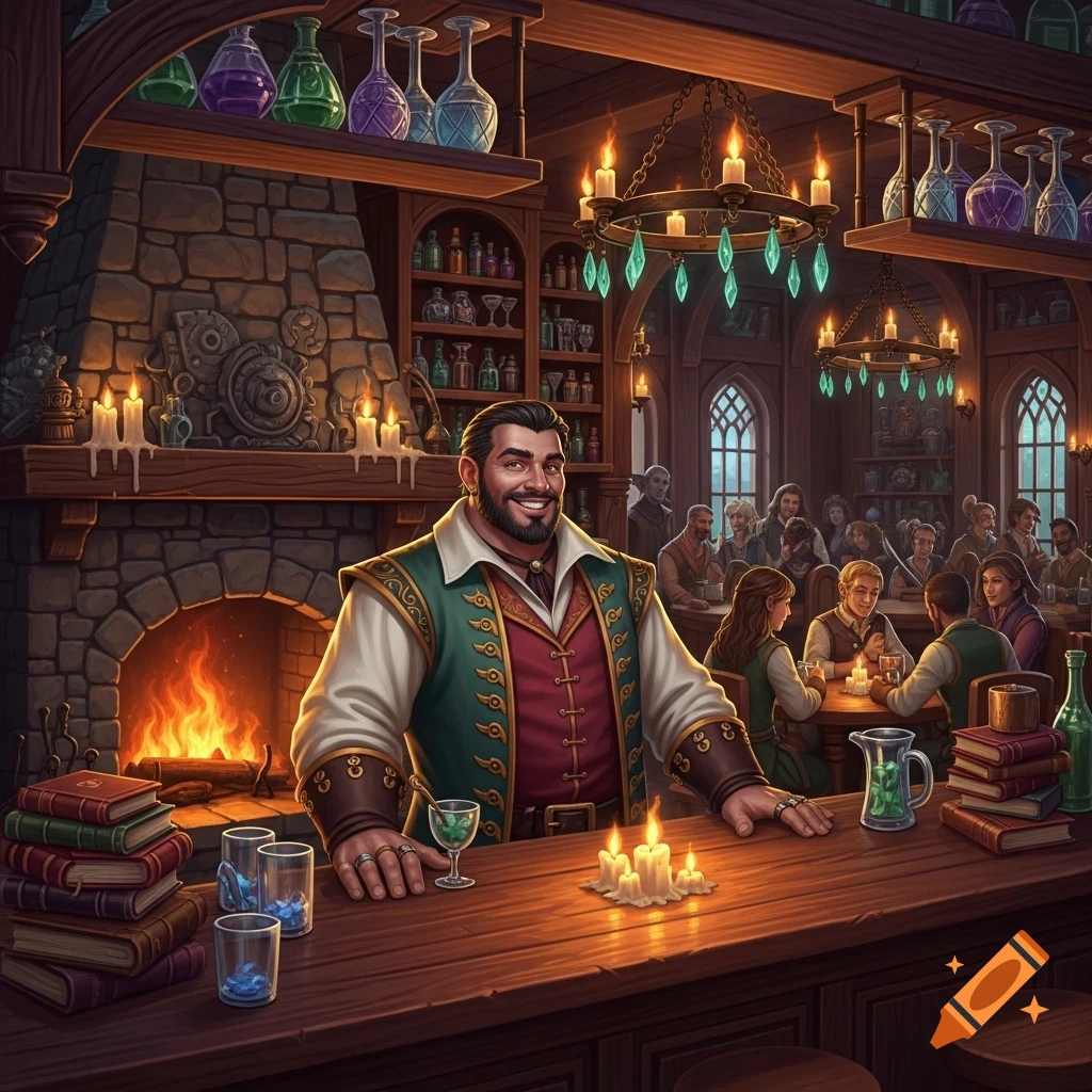 A smiling fantasy barkeeper leans on a wooden bar in a warmly lit ...