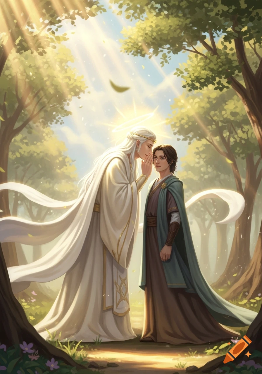 An ethereal, haloed figure whispers to another person in a sunlit ...