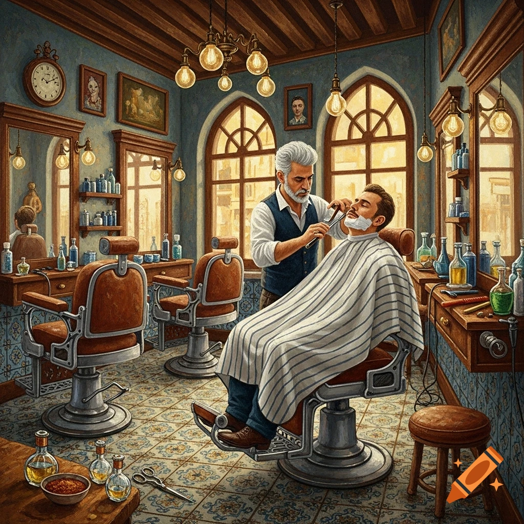 A grey-haired barber shaves a man with a straight razor in a ...