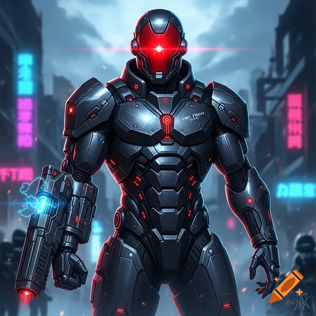 A super soldier in black high-tech armor with red lights and a red ...