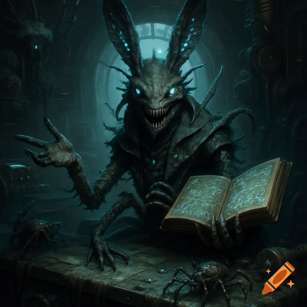 A monstrous, rabbit-eared wizard with sharp teeth and glowing eyes sits ...