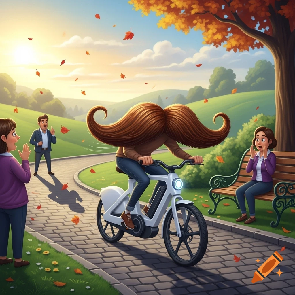 A giant brown mustache rides a white ebike on a paved path through a ...