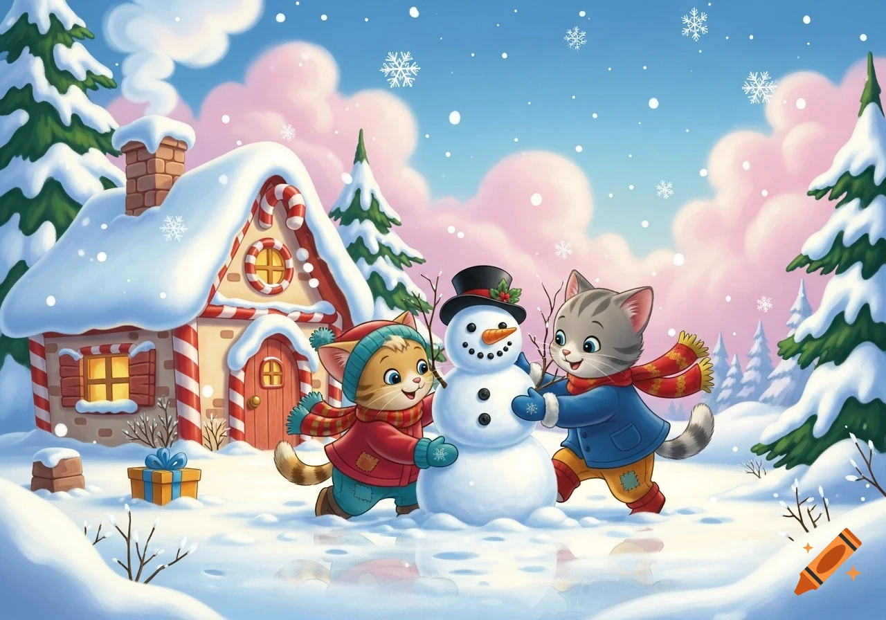 Two cartoon cats build a snowman in a snowy village with a candy cane ...
