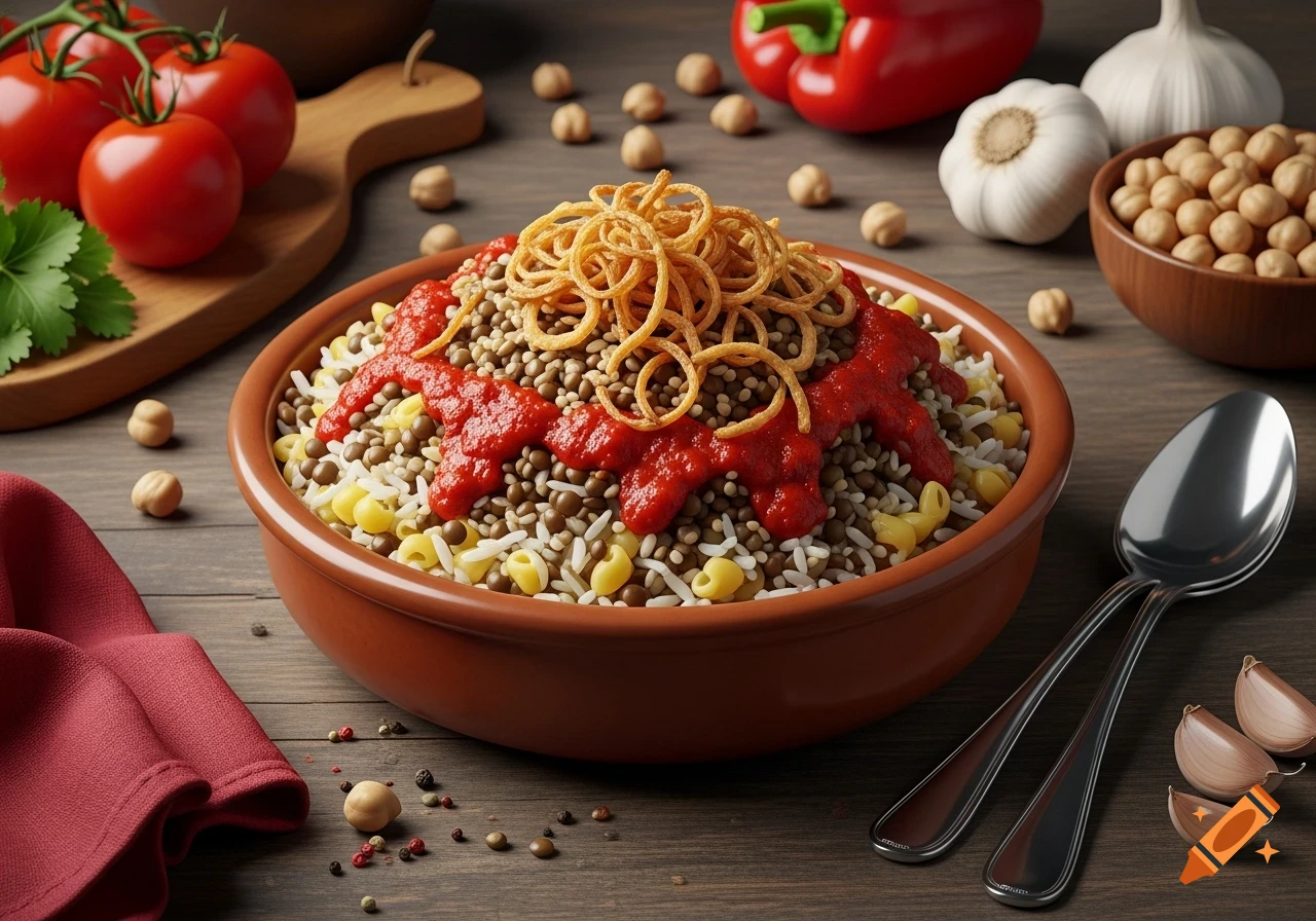 A bowl of Koshari, an Egyptian dish with rice, lentils, pasta, tomato ...