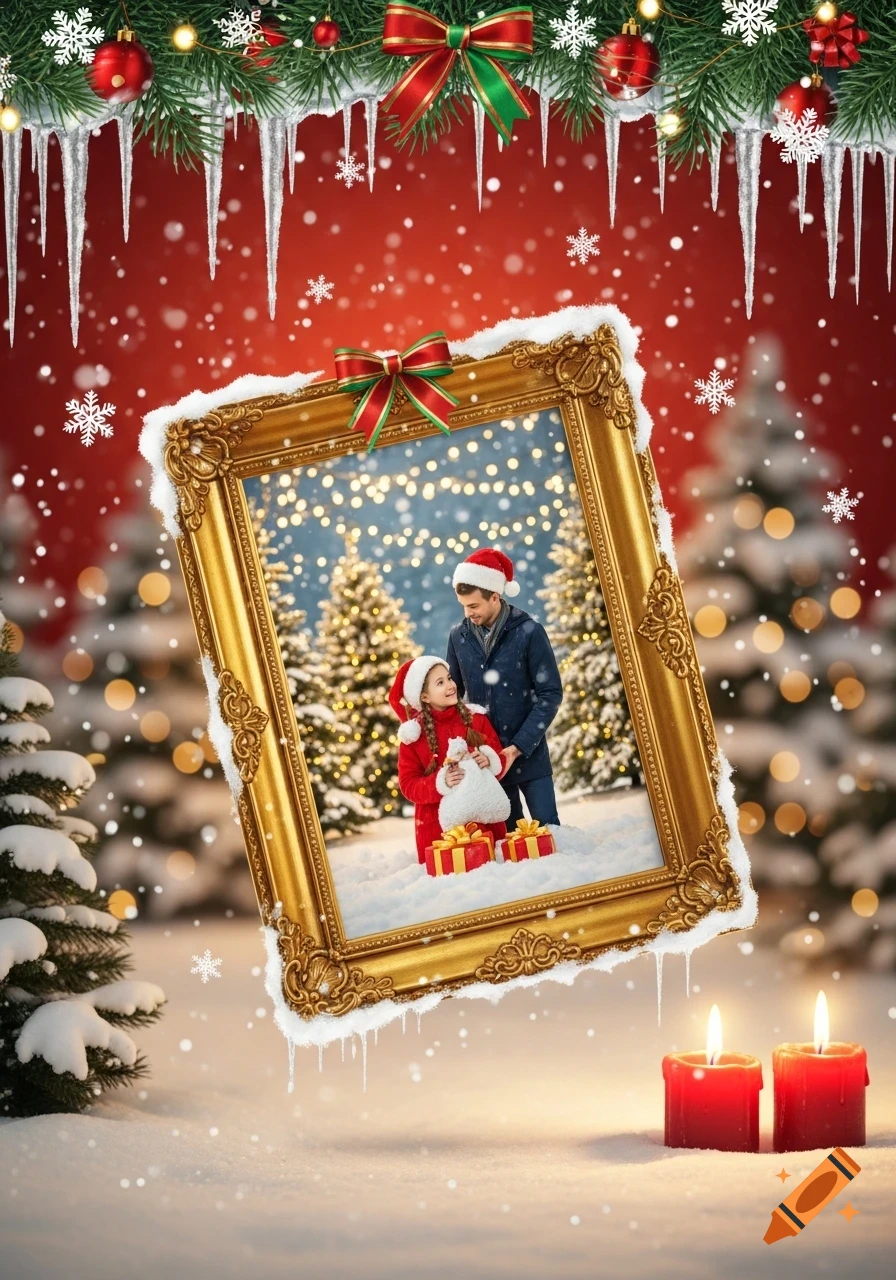A festive Christmas scene with a gold frame enclosing a father and ...