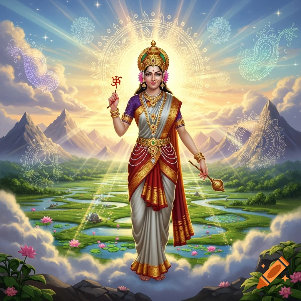 A divine Indian goddess in traditional attire, radiating light over a ...