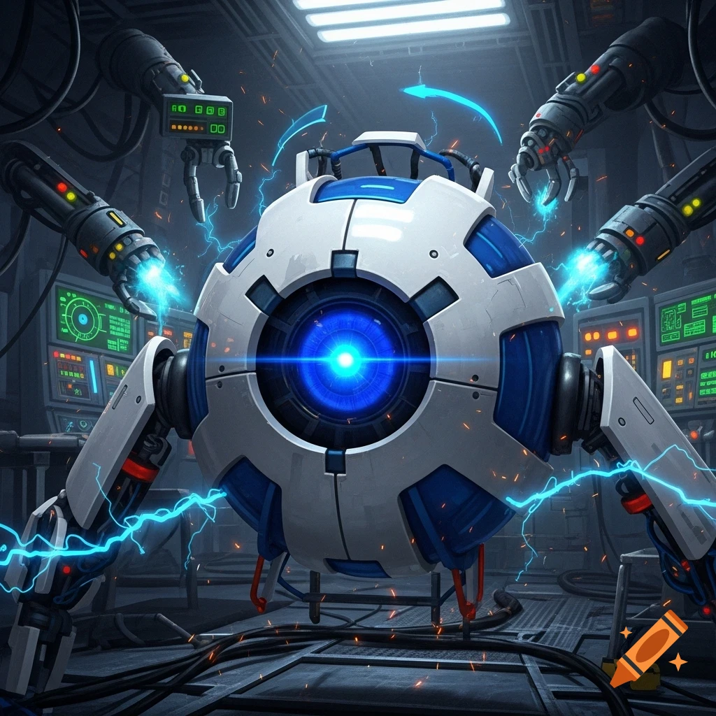 A white and blue robotic sphere with a glowing blue eye is being worked ...