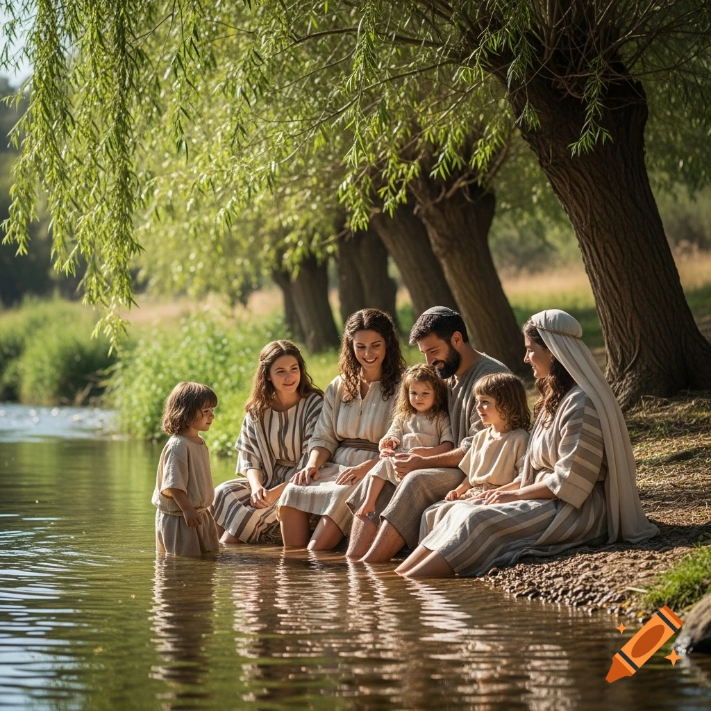 An ancient Israelite family with adults and children relaxes by a ...