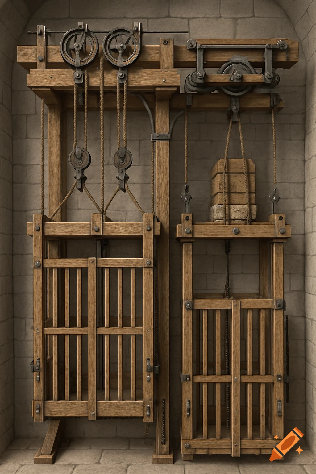 A detailed, realistic rendering of a medieval double wooden elevator ...