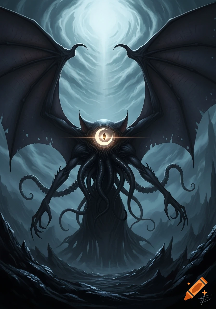 A monstrous, dark creature with huge bat wings and tentacles stands in ...