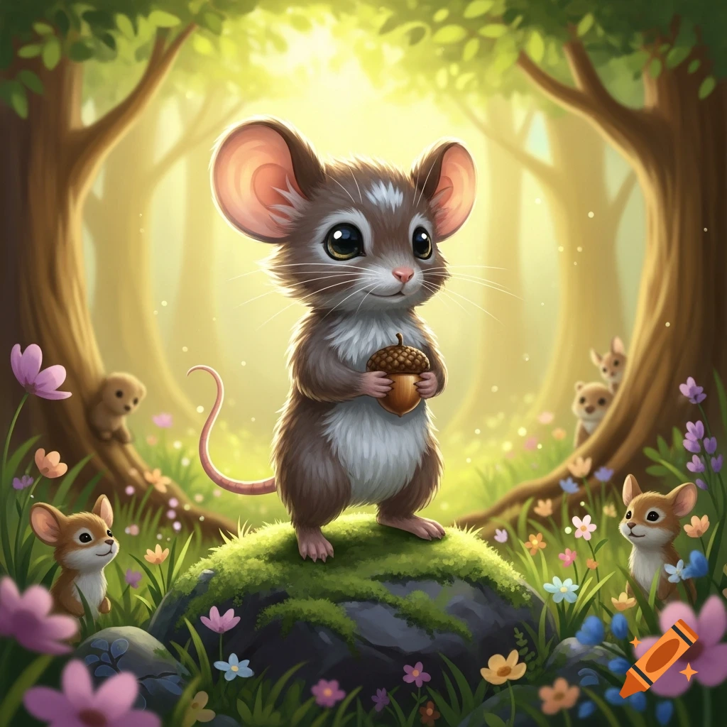 A cute, big-eyed cartoon mouse stands on a mossy rock holding an acorn ...