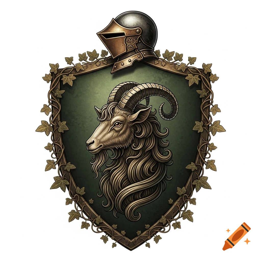 A detailed heraldic shield featuring a goat head with long horns and ...