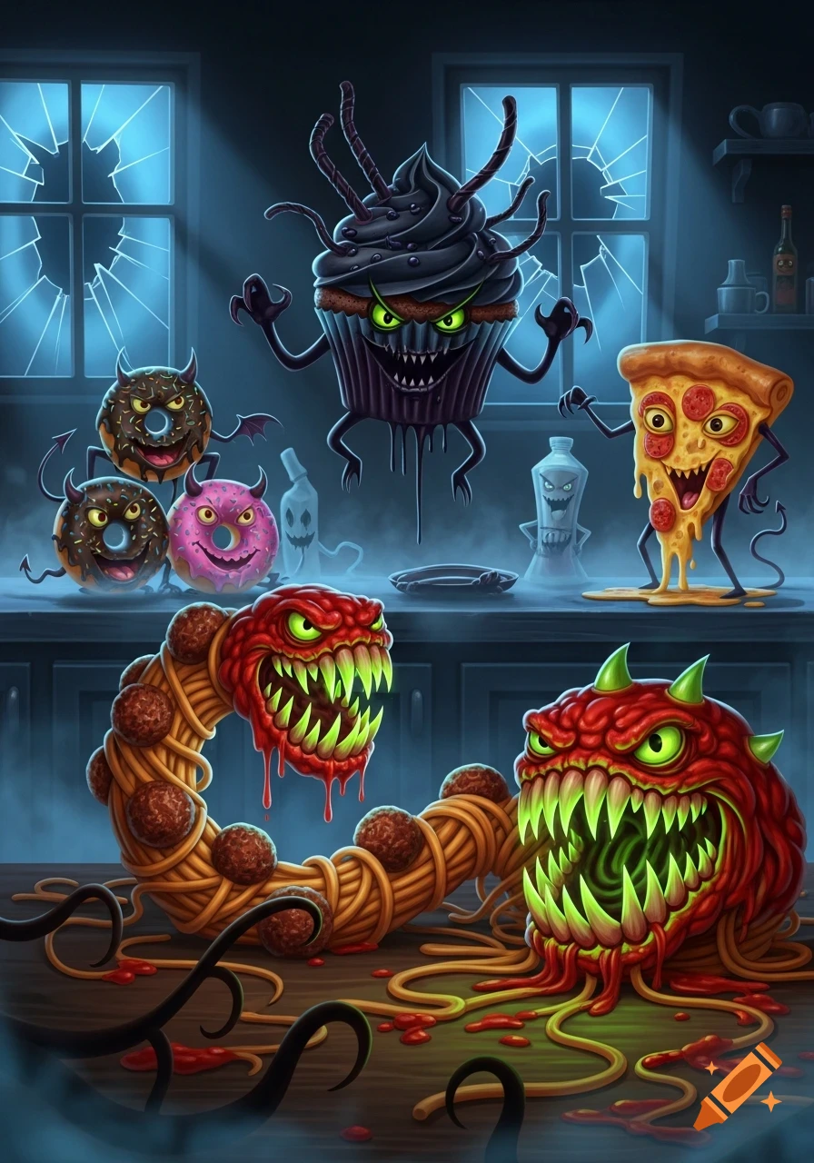 Cartoon illustration of various monstrous food items, including a ...