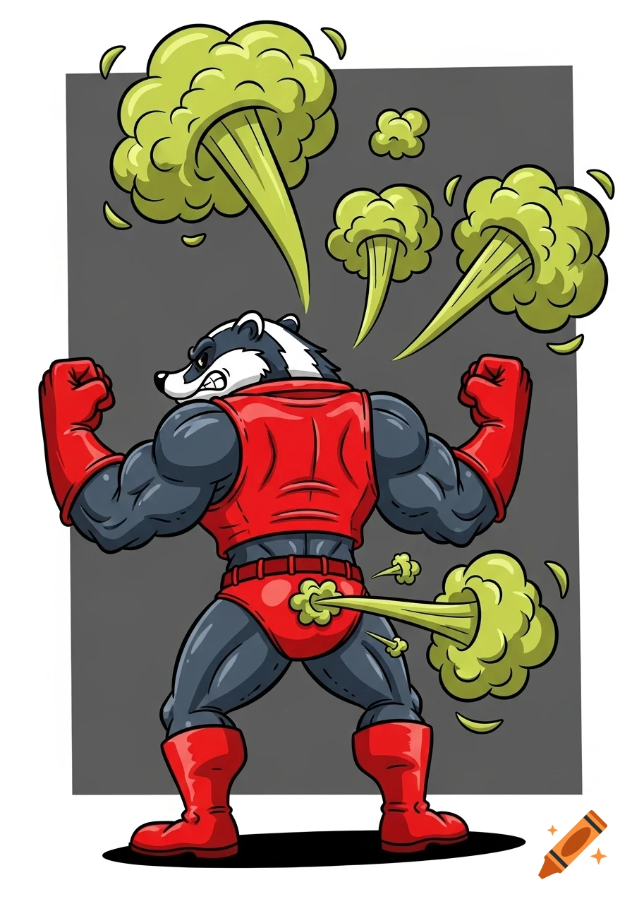 Cartoon illustration of a buff badger superhero in a red costume ...