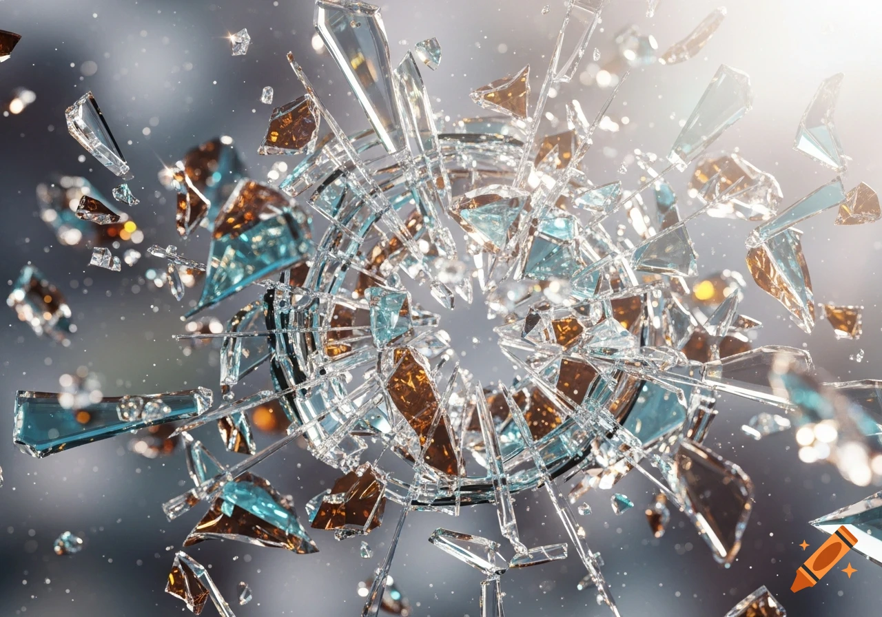 Photorealistic shattered glass exploding outwards, showing reflective ...