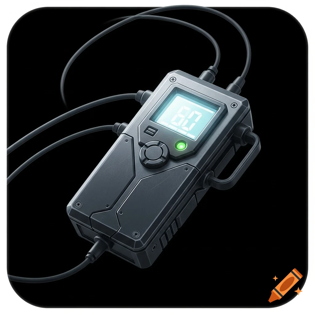 Dark grey tactical defuser device with a glowing blue digital display ...