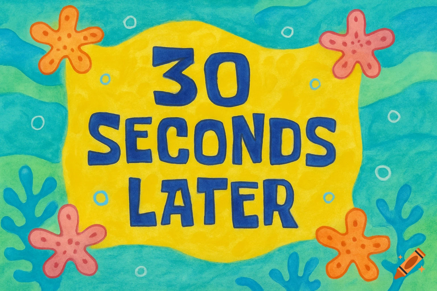 A cartoon Spongebob-style time card with '30 SECONDS LATER' in blue ...